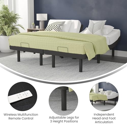 EMMA + OLIVER Irving Adjustable Bed Base - Black Upholstered Frame - Independent Head & Foot Incline - Split King - Adjustable Height Legs - Wireless Remote Control