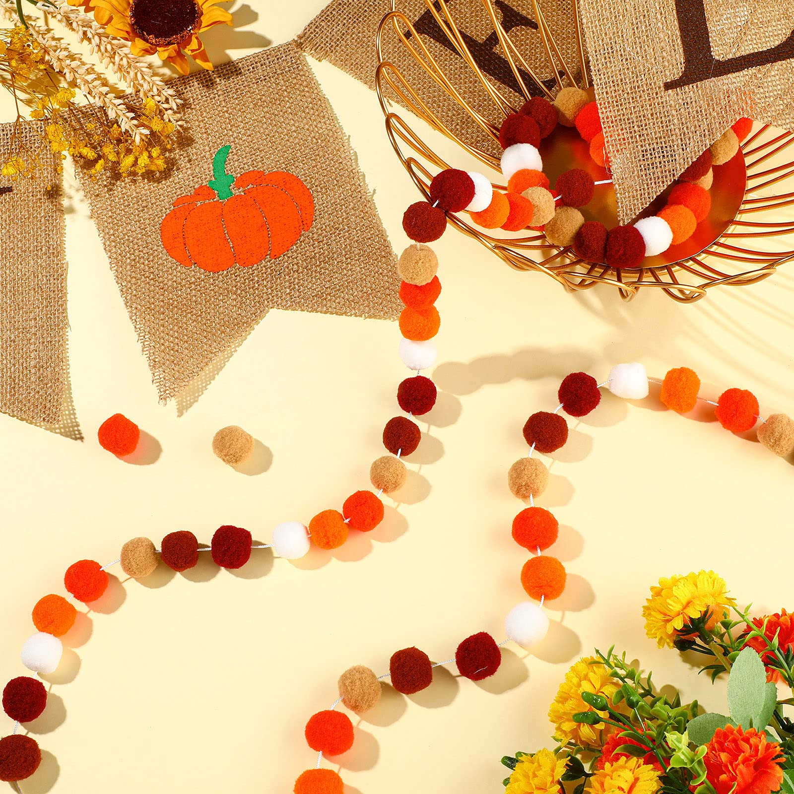 Fall Burlap Banner with 3 Pieces Fall Pom Pom Garland Wool Felt Ball Garland Thanksgiving Decoration for Harvest Time Autumn Theme Party Thanksgiving Supplies