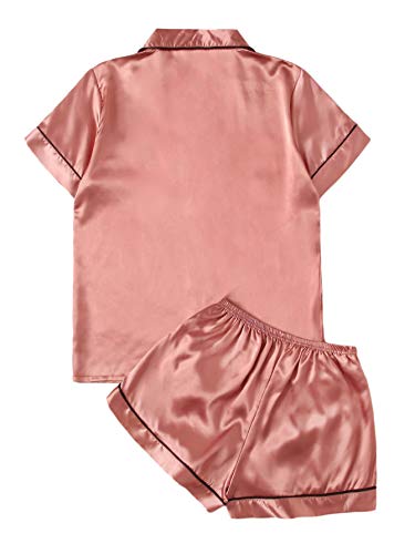 Verdusa Women's 2pc Satin Nightwear Button Front Sleepwear Short Sleeve Pajamas Set Pink S