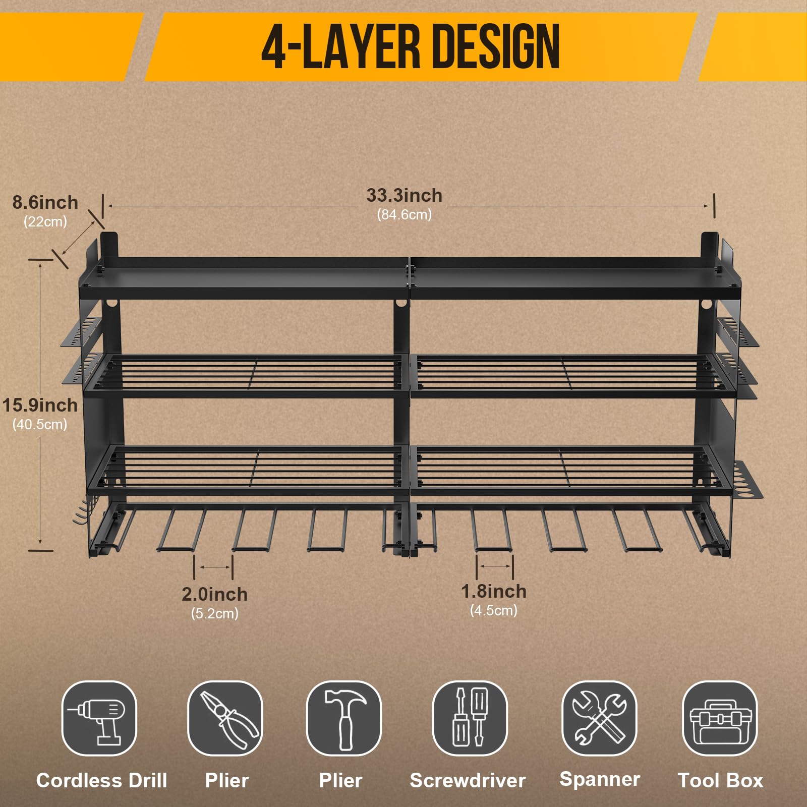 Power Tool Organizer, Drill Holder Wall Mount, Storage Rack for Cordless Drill, Heavy Tool shelf with Screwdriver Holder/Pliers Holder/Hammer