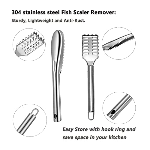 Hennyuu Fish Skin Cleaning Brush, Fish Scaler Remover, Fish Descaler Tool, Stainless Steel Fish Skin Peeler Tool, 2 Pieces (Silver)