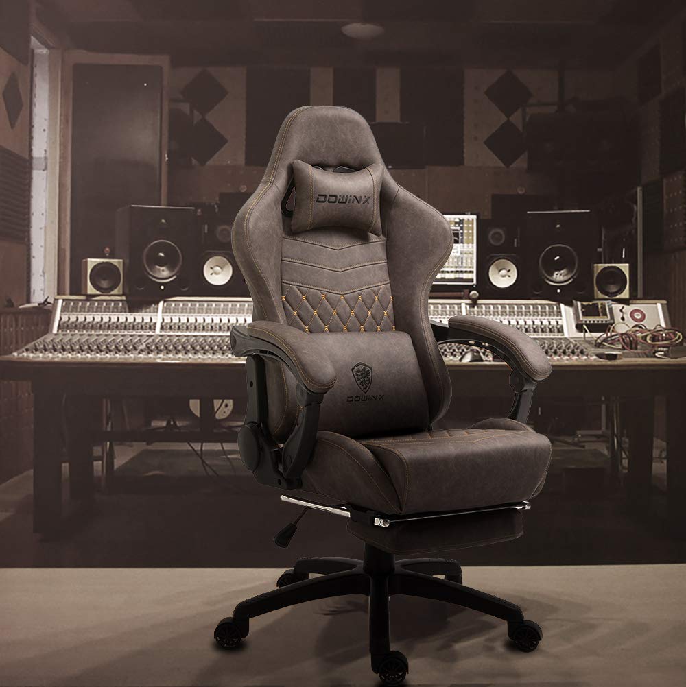 Dowinx Gaming Chair Office Chair PC Chair with Massage Lumbar Support, Vintage Style PU Leather High Back Adjustable Swivel Task Chair with Footrest (Brown)