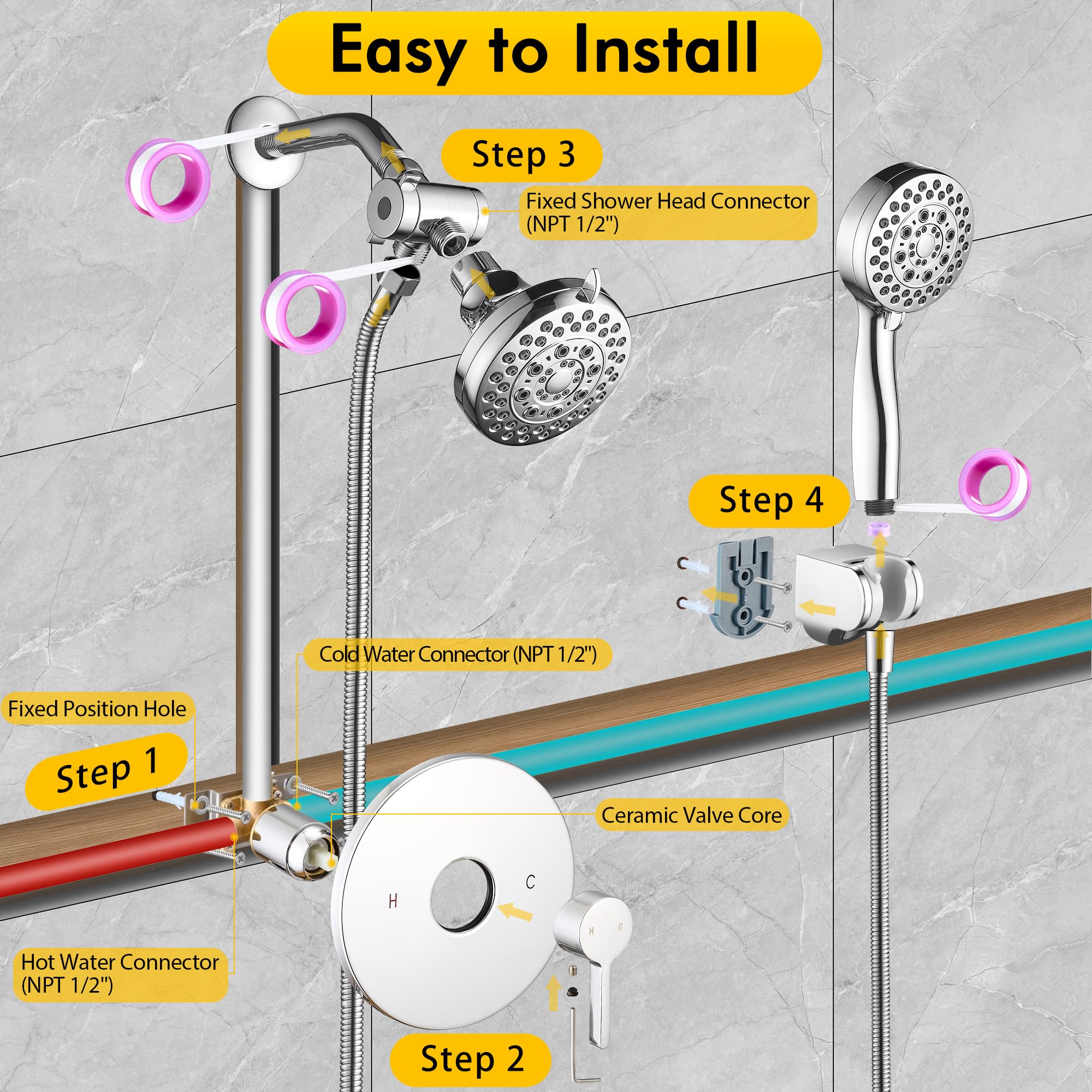 FRANSITON Shower Faucet System with Bathroom Spout Rain Shower Kit, High Pressure Handheld Shower Head 35-Function Dual 2 in 1 Shower Combo Faucet Set with Valve Trim Kit Black