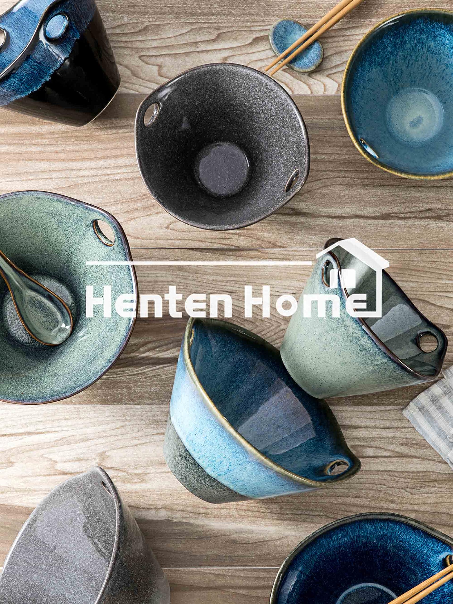 Henten Home 20 OZ Ramen Bowls Set, Ceramic Japanese Noodle Bowls Set of 2, Porcelain Deep Salad Bowl with Chopsticks for Udon, Reactive Glaze, Microwave Safe (Teal)
