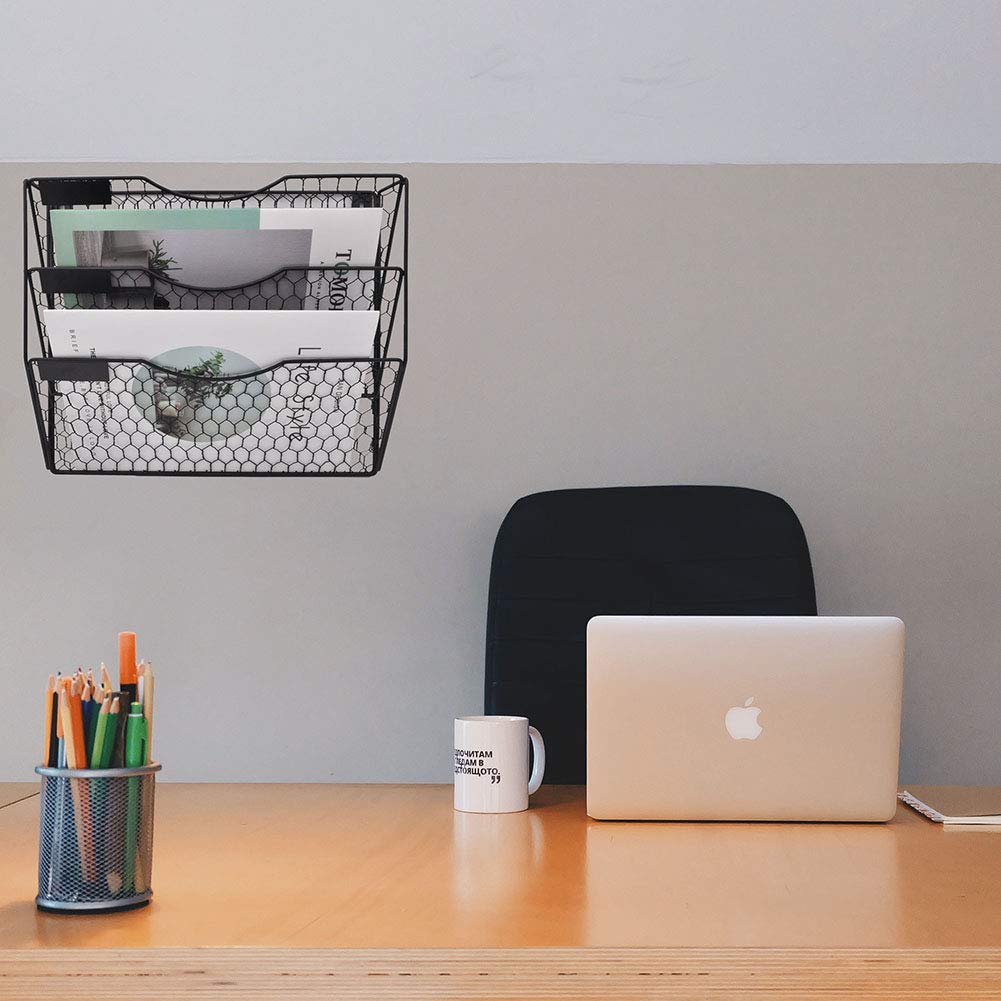 EASEPRES Mail Organizer Wall Mount, 5 Tier Metal Chicken Wire Hanging File Holder Office Storage and Organization