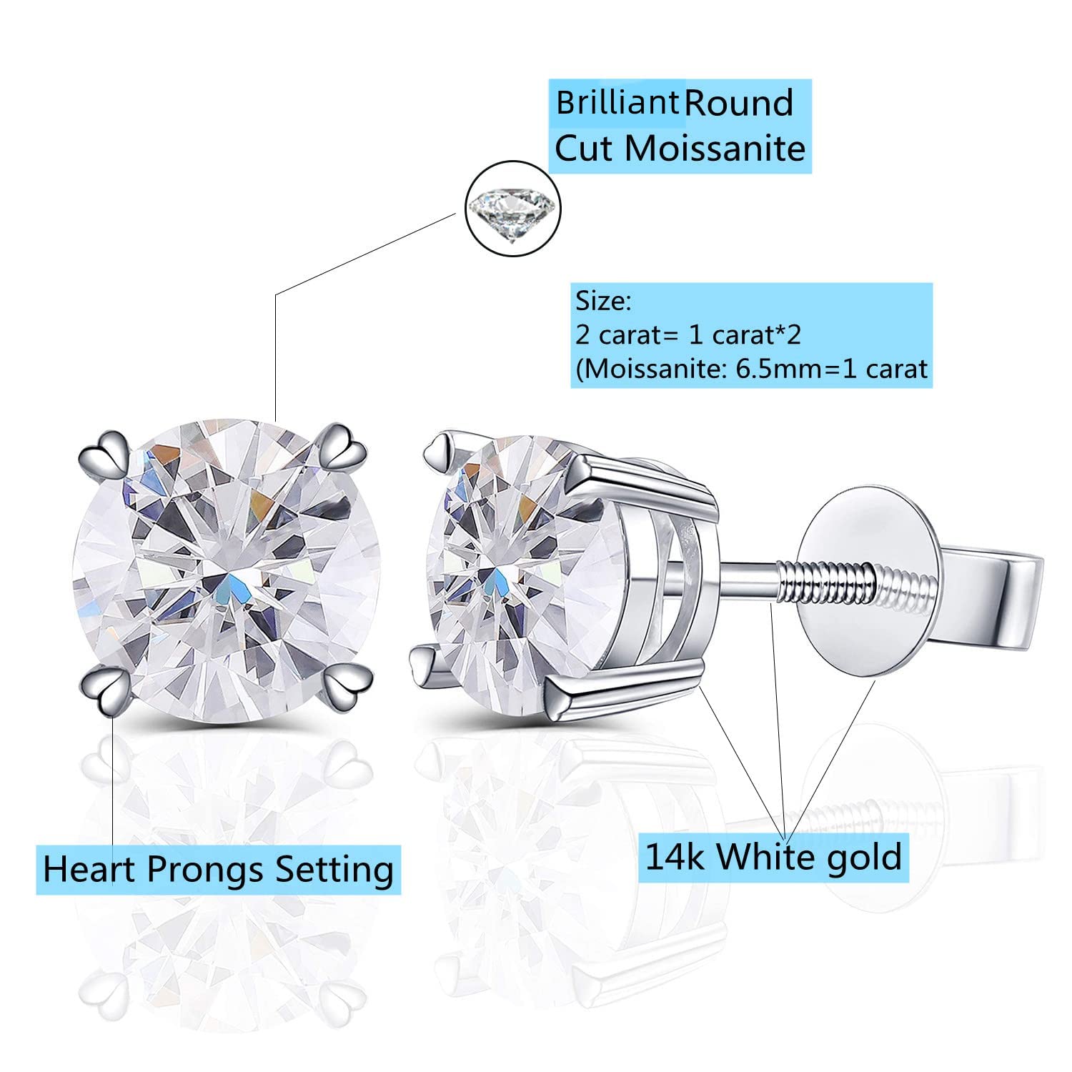 DovEggs Solid 14K White Gold Moissanite Screw Back Earrings for Women 2ct 6.5mm G-H-I Color Heart Arrows Cut Moissanite Stud Earring