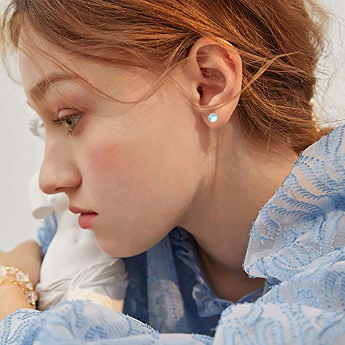 Earrings for Sensitive Ears Synthetic Moonstone Earrings Round Earrings Sterling Silver Stud Earrings for Women (A-Silver, 6)