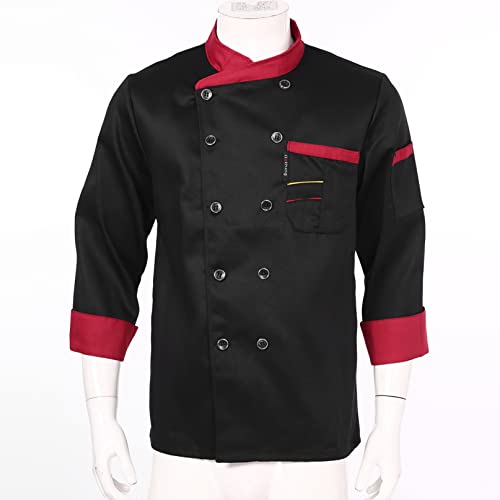 iiniim Unisex Chef Coat Women Men Short&Long Sleeve Chef Jacket Double-Breasted Kitchen Cooking Chef Uniform Black Red Cuffs Medium