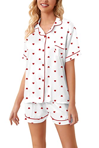 Satin Pajamas for Womens, Silk Pajamas 2 Pcs Button Down Sleepwear Short Sleeve Loungewear Outfit for Womens, D White Heart, US S