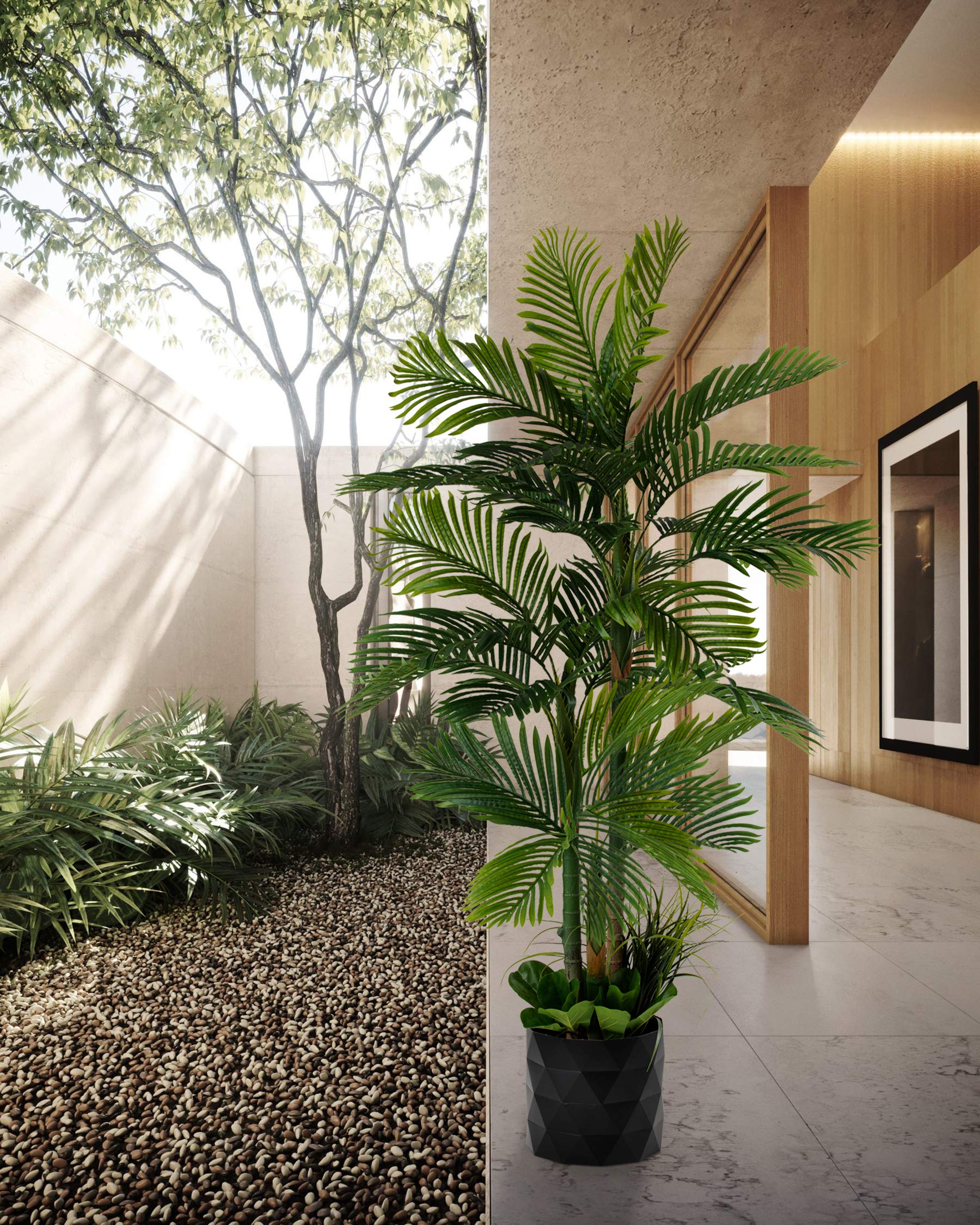 Deluxe 78" Golden Cane Palm Artificial Tree + Premium Fiddle Leaf Foliage in 8" Base + 12" Plant Pot Skirt + Bonus USA Flag Style Pot Pant