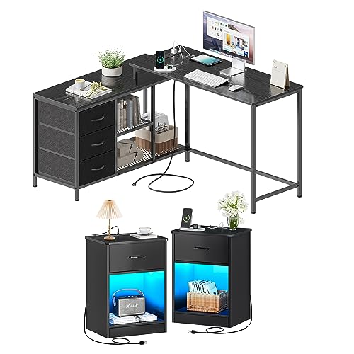 SUPERJARE L Shaped Desk with Drawers & Shelves and Nightstands Set of 2 with Charging Station & LED Light Strips, Black