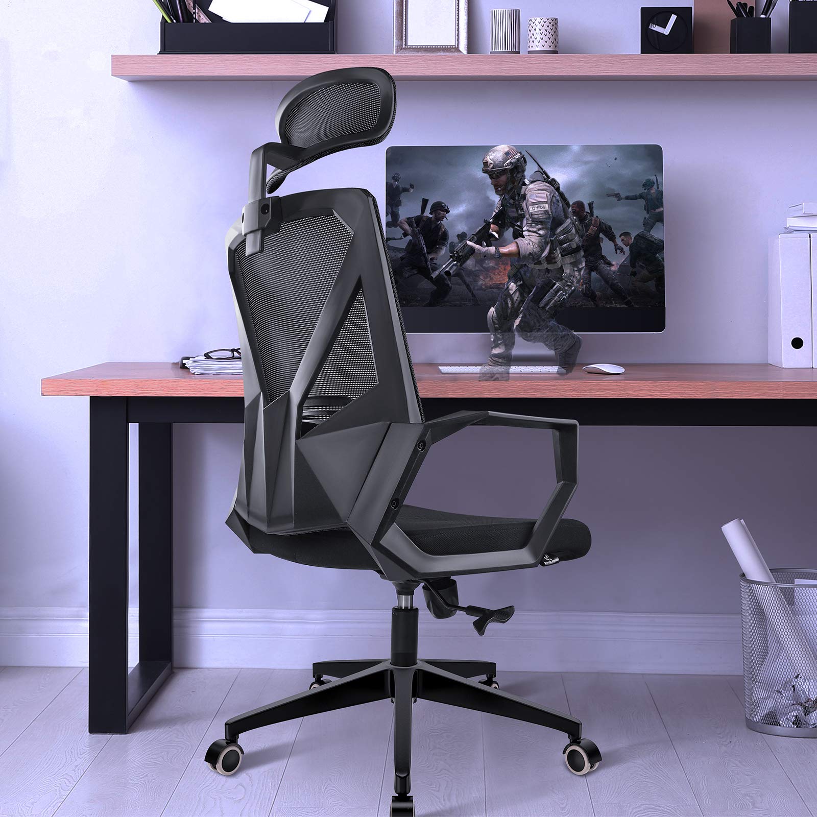 DAVEJONES Office Chair Desk Chair - Computer Ergonomic High Back Mesh Chair, Pure Memory Foam Adjustable Headrest Lumbar Support Gaming Rolling Chair (Black)