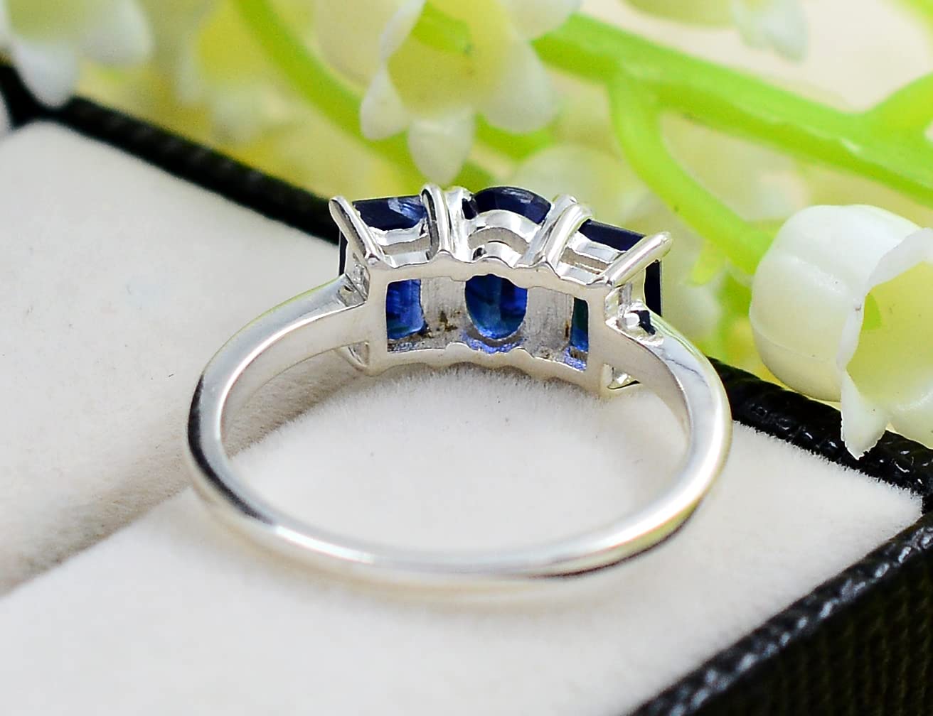 Gemstone 925 Sterling Silver Natural 7X5 MM Blue Kyanite Oval Cut January Birthstone Cluster Unisex Ring For Wedding Gift (Rhodium Plated Silver, 8.5)