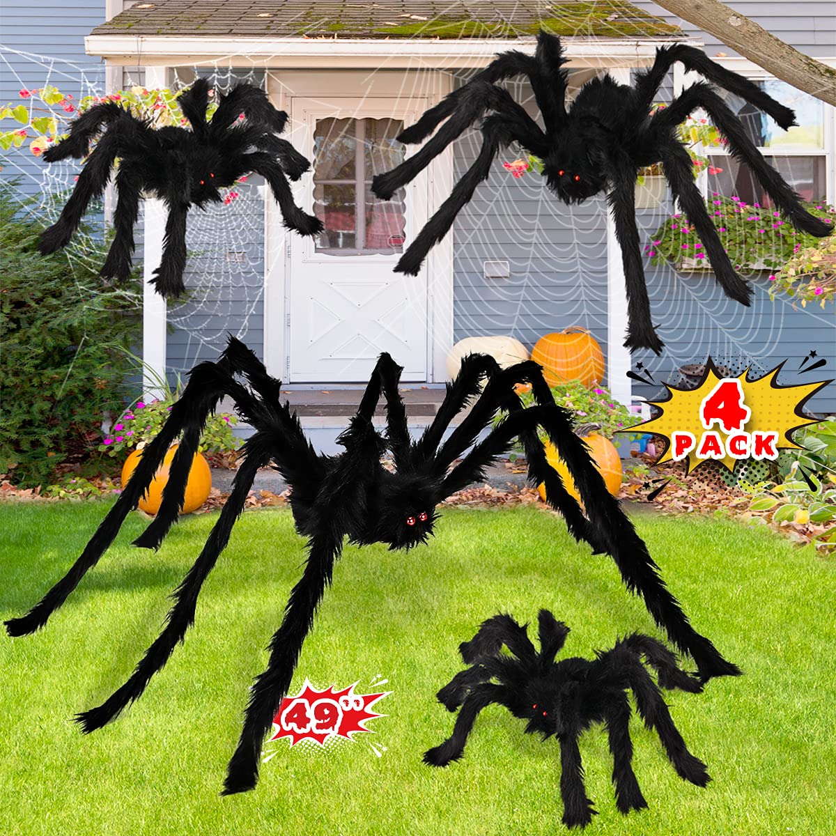 Halloween Spider Decorations, 4 Pcs Gaint Spiders Halloween Decorations Outdoor Scary, Halloween Spider Scary Fake Spiders Halloween Decor for Outside House Indoor Yard Haunted House Window