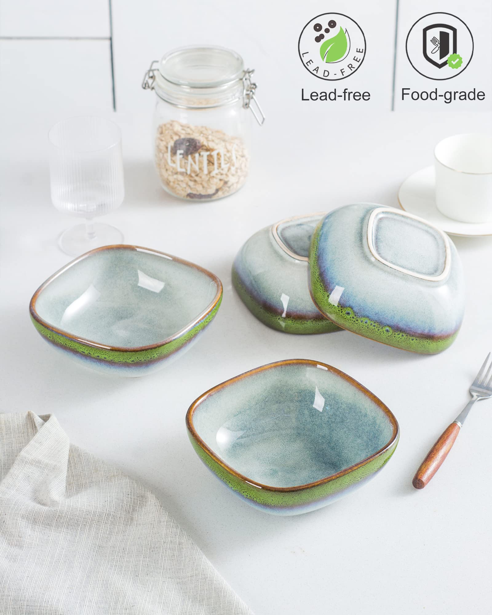 HENXFEN LEAD Ceramic Cereal Bowls, Square Serving Bowls 22 Oz for Side Dish, Appetizers, Salad - Oatmeal, Soup, Fruit Bowls Microwave Oven Safe, Set of 4 - Reactive Green