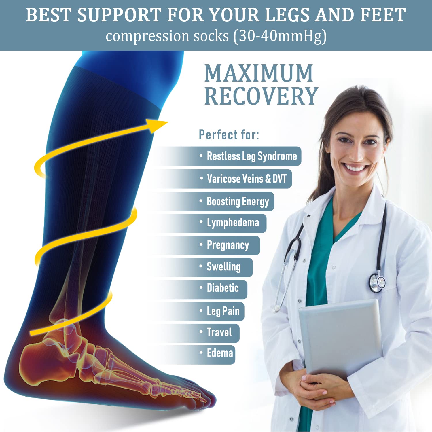 Graduated Compression Socks for Women and Men 30-40mmHg Circulation-High Support Knee High Socks Running Hiking(Black,Large/X-Large)