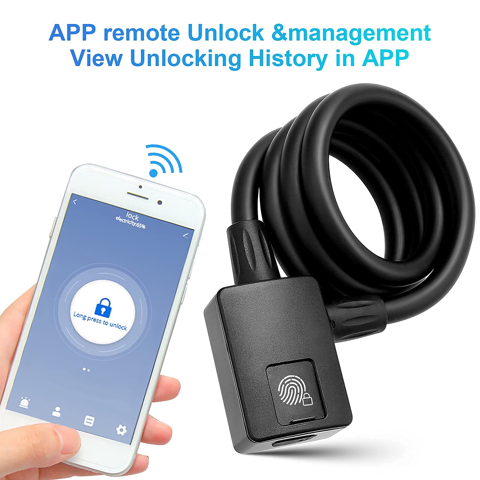Fingerprint Bike Lock Cable and Waterproof Fingerprint Padlock Lock with APP Open, Remote, Unlock Record Heavy Duty Bicycle Lock for Outdoor Bicycle, Motorcycles, Scooters