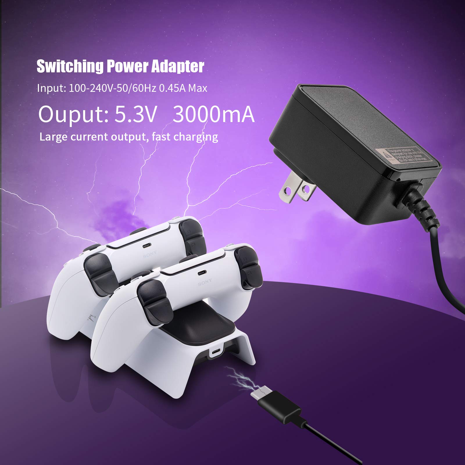ECHZOVE PS5 Controller Charger Station, Playstation 5 Controller Charger Station with 5V 3A Power Adapter, High Speed, Fast Charging Dock for Sony DualSense Controller