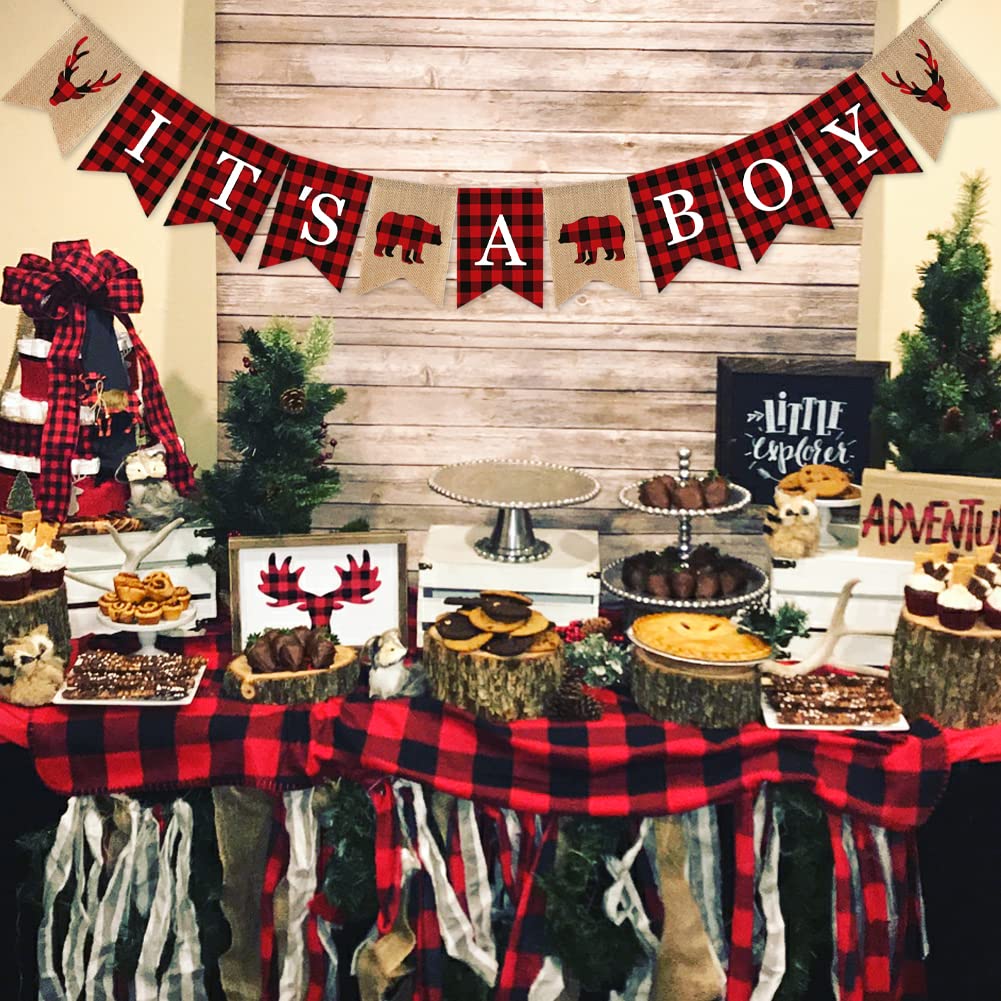 Lumberjack Theme Burlap Banner and It's a Boy Banner High Chair Banner for Baby Boy Photo Props Backdrop Decors
