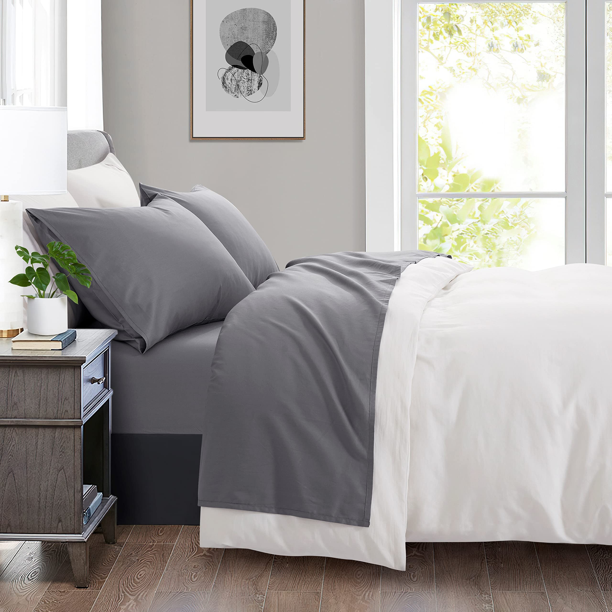 Entisn 4pcs 600 Thread Count 100% Cotton Sheets for Queen Size Bed, Grey Bedding Sheets & Pillowcases, Hotel Luxury Bed Sheet with Elasticized 16" Deep Pocket, Ultra-Soft & Silky Sateen Weave
