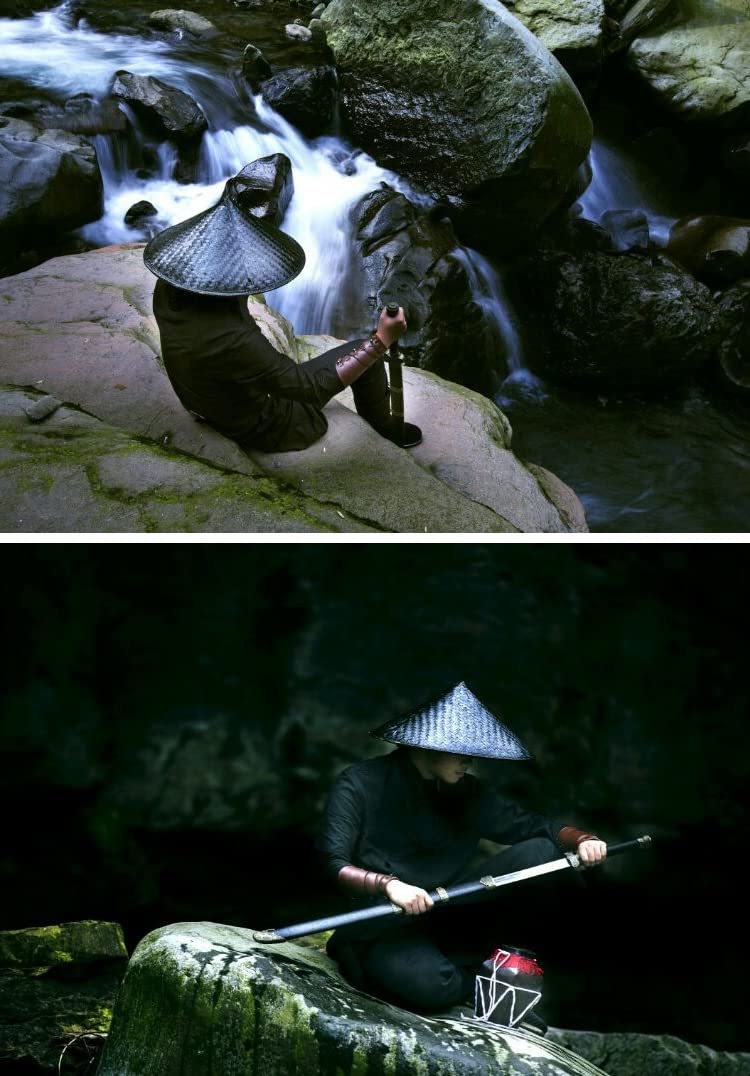 DSFEOIGY Kung Fu Bamboo Weave Hat Shaolin Oriental Headwear Prop Shade Straw Caps Hat (Color : A, Size : One Size)