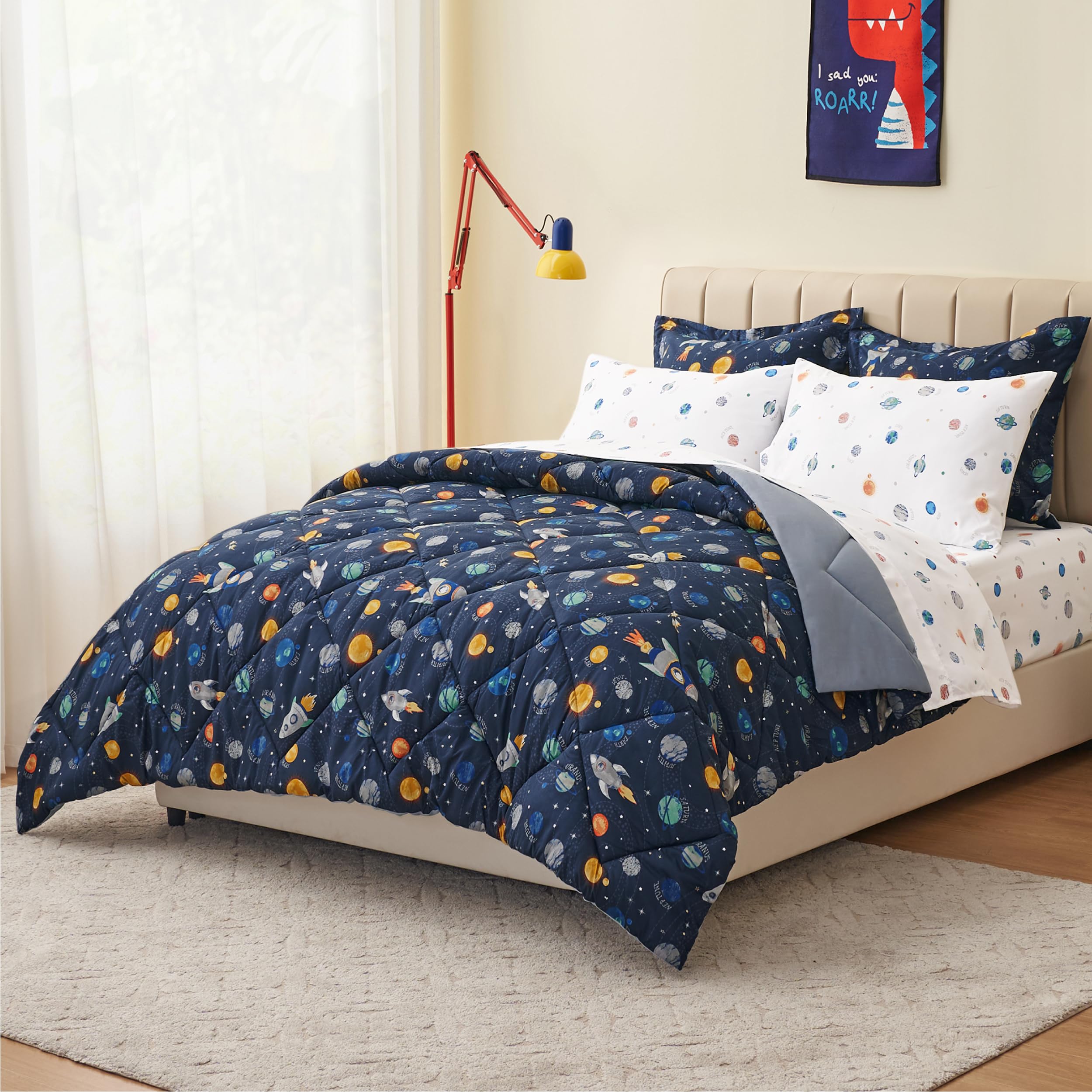 PPOLCA Twin Size Space Kids Bedding Set for Girls, 5 Pieces Super Soft Lightweight Microfiber Comforter Set with Sheets, Space Bedding Twin, Bed in a Bag, Durable Children Bed Set
