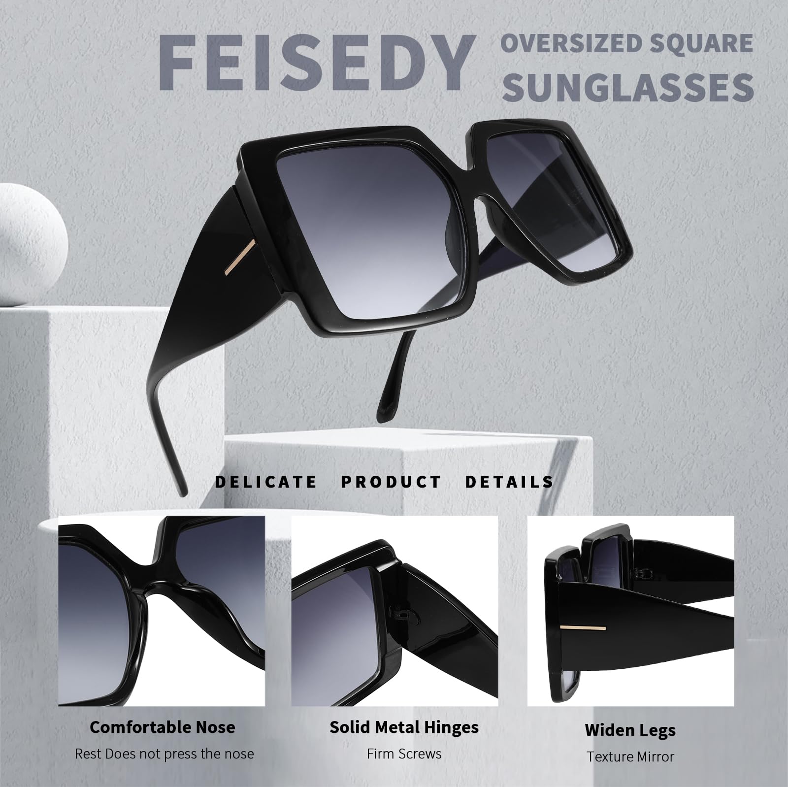FEISEDY Womens Sunglasses, Trendy Large Frame Retro Square Oversized Shades for Men B4036