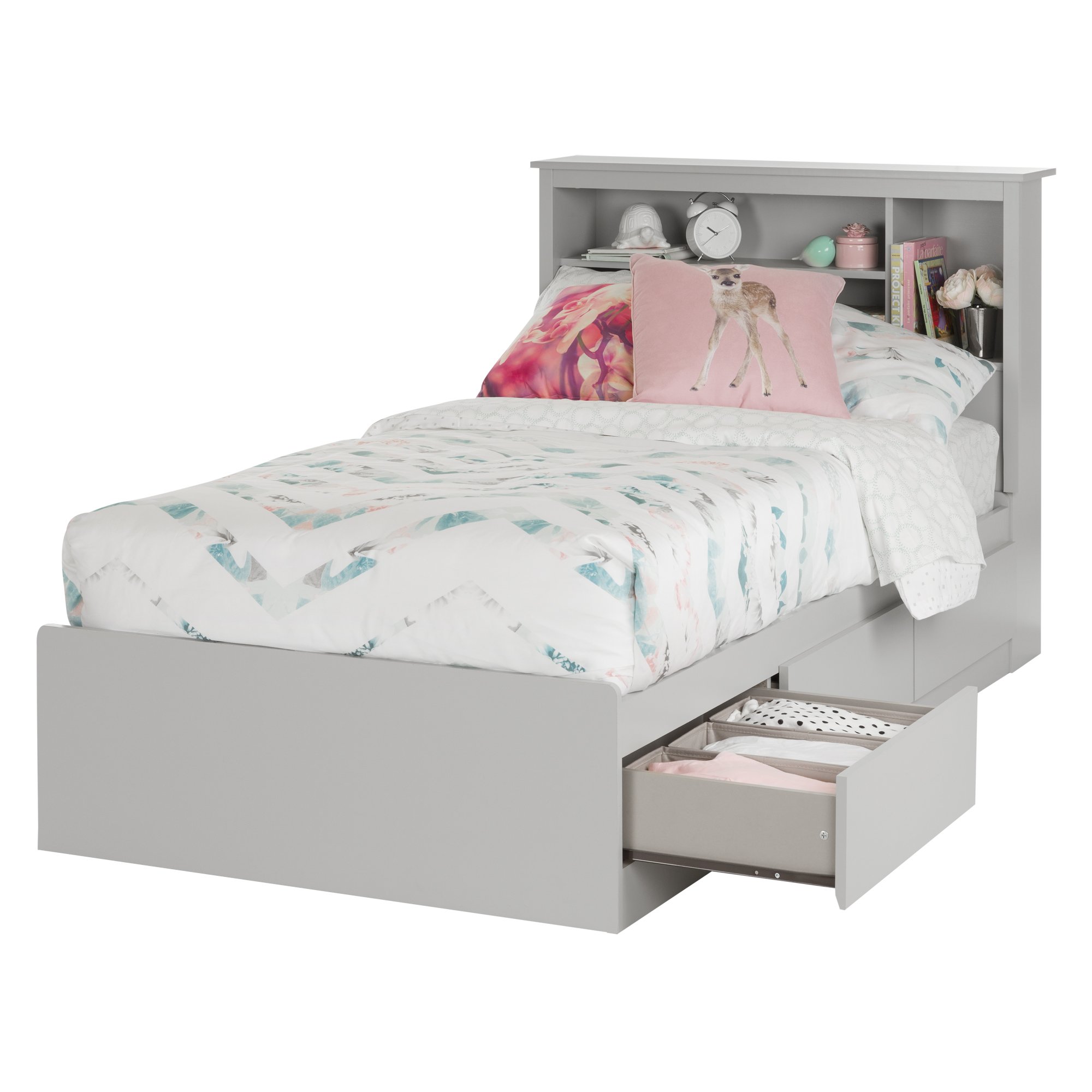 South Shore 39" Reevo Bookcase Headboard, Twin, Soft Gray
