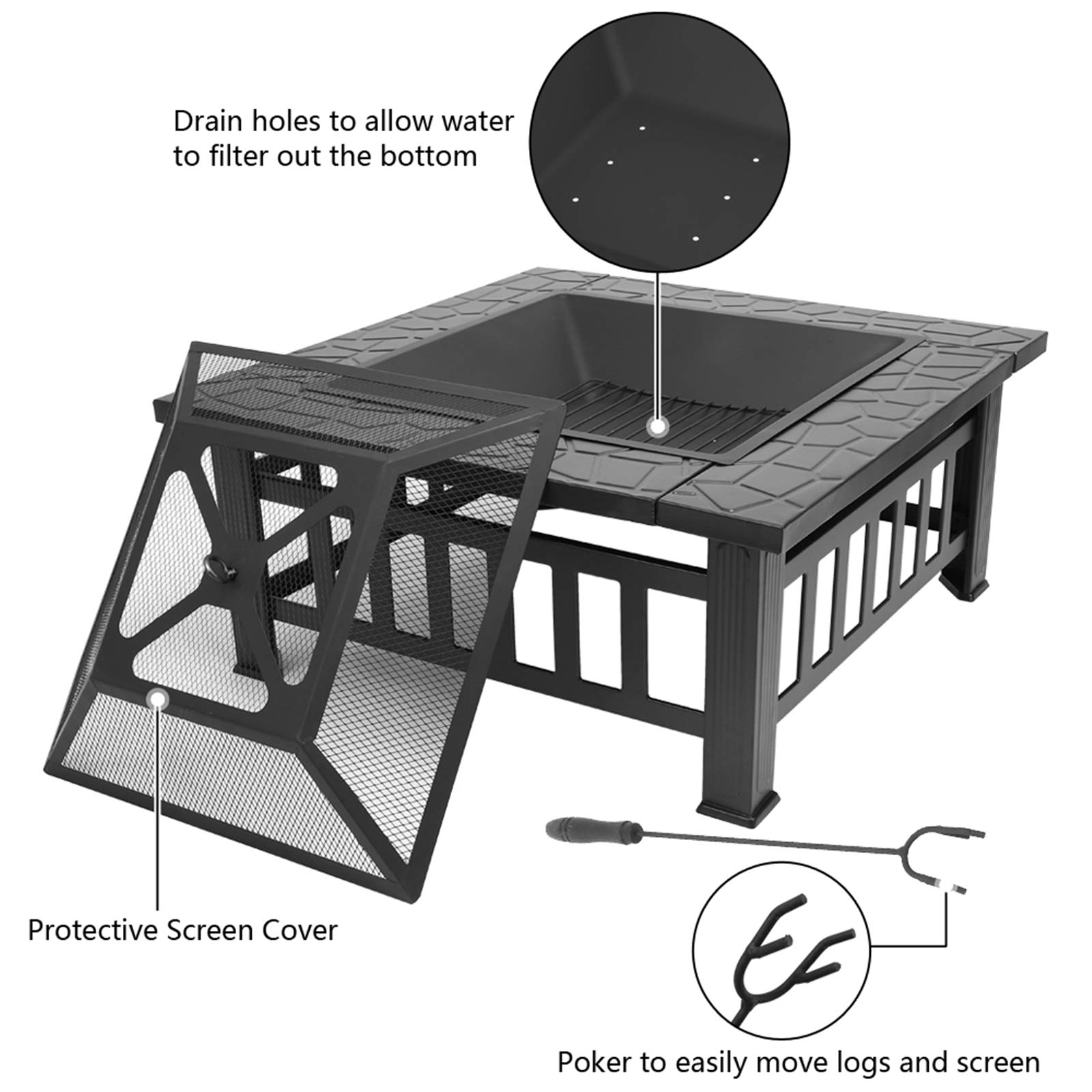 Fire Pit 32'' Wood Burning Firepit Metal Square Outdoor Fire Tables SteelFire Pit Bowl with Spark Screen Cover, Poker Log Grate for Patio Bonfire Camping Backyard Garden Picnic