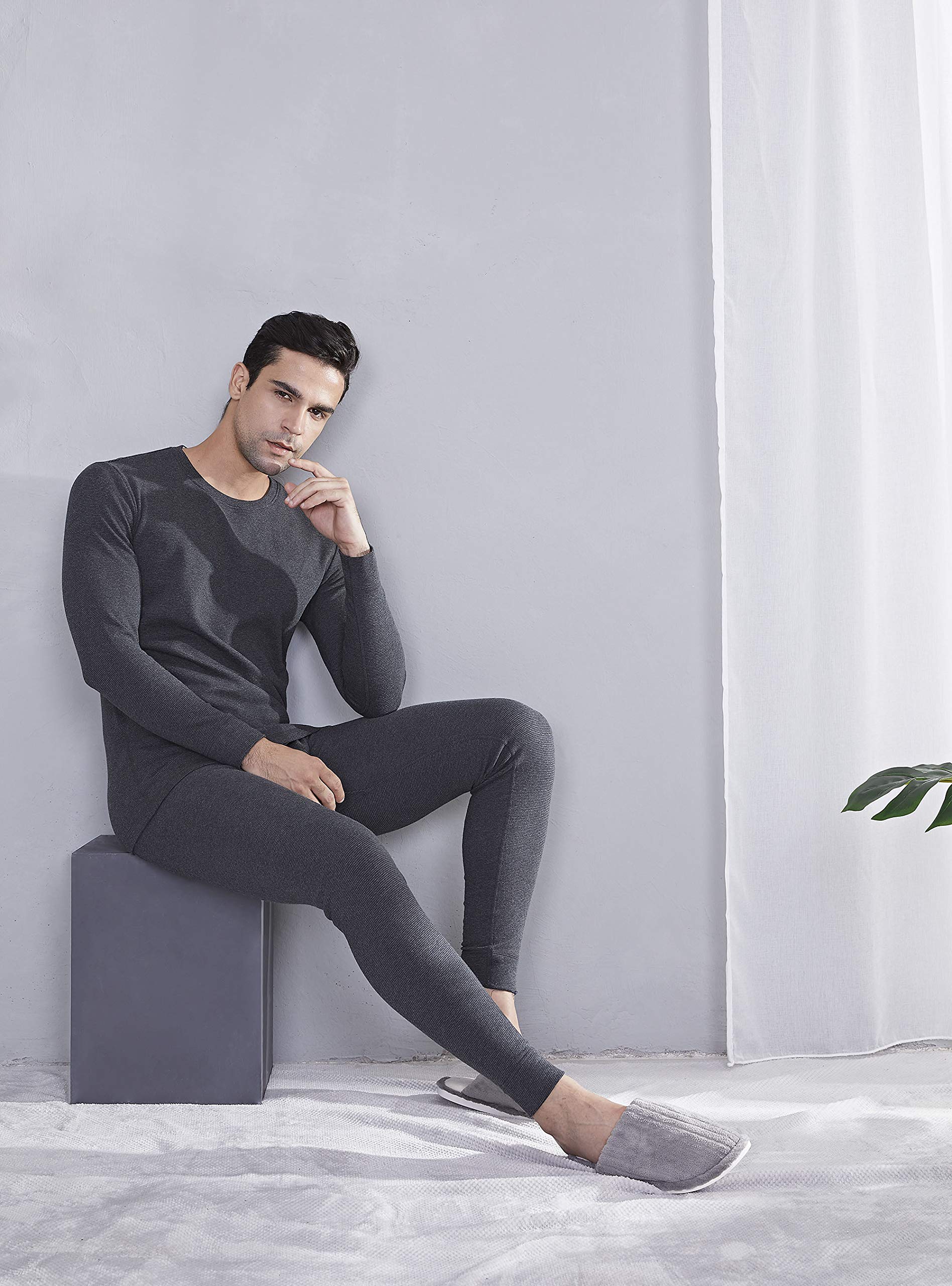 DAVID ARCHY Men's Cotton Fleece Lined Shu Velveteen Stripe Ultra Soft Winter Warm Top & Bottom Thermal Set Long John with Fly (L, Dark Gray Stripe)