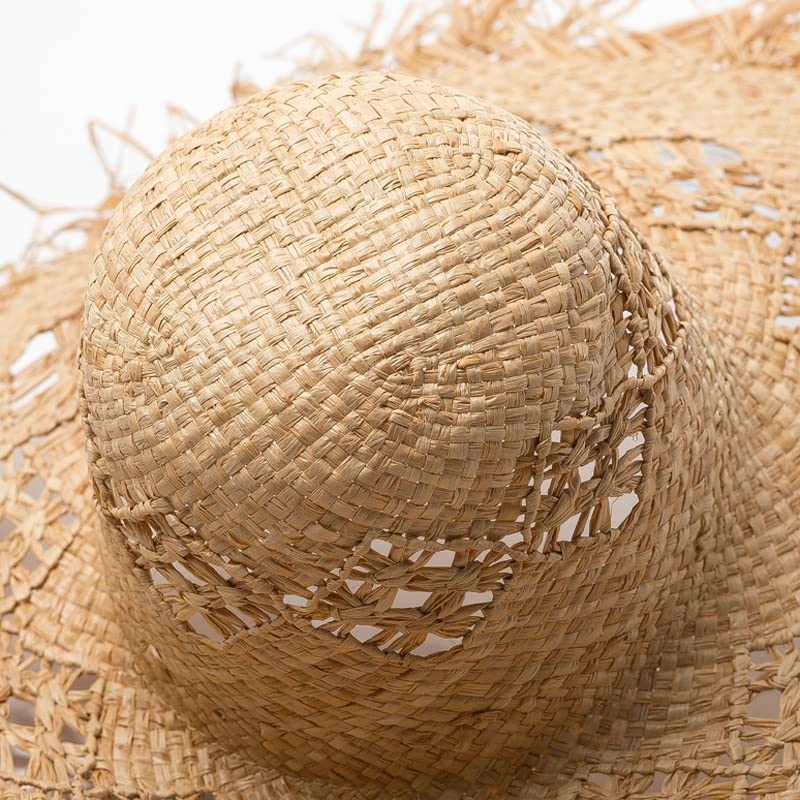 DSFEOIGY Summer Handmade Raffia Hollow Pattern Straw Hat Woven Raw Edge Large Brim Hat Sunscreen Beach Hat Women (Color : A, Size : One Size)