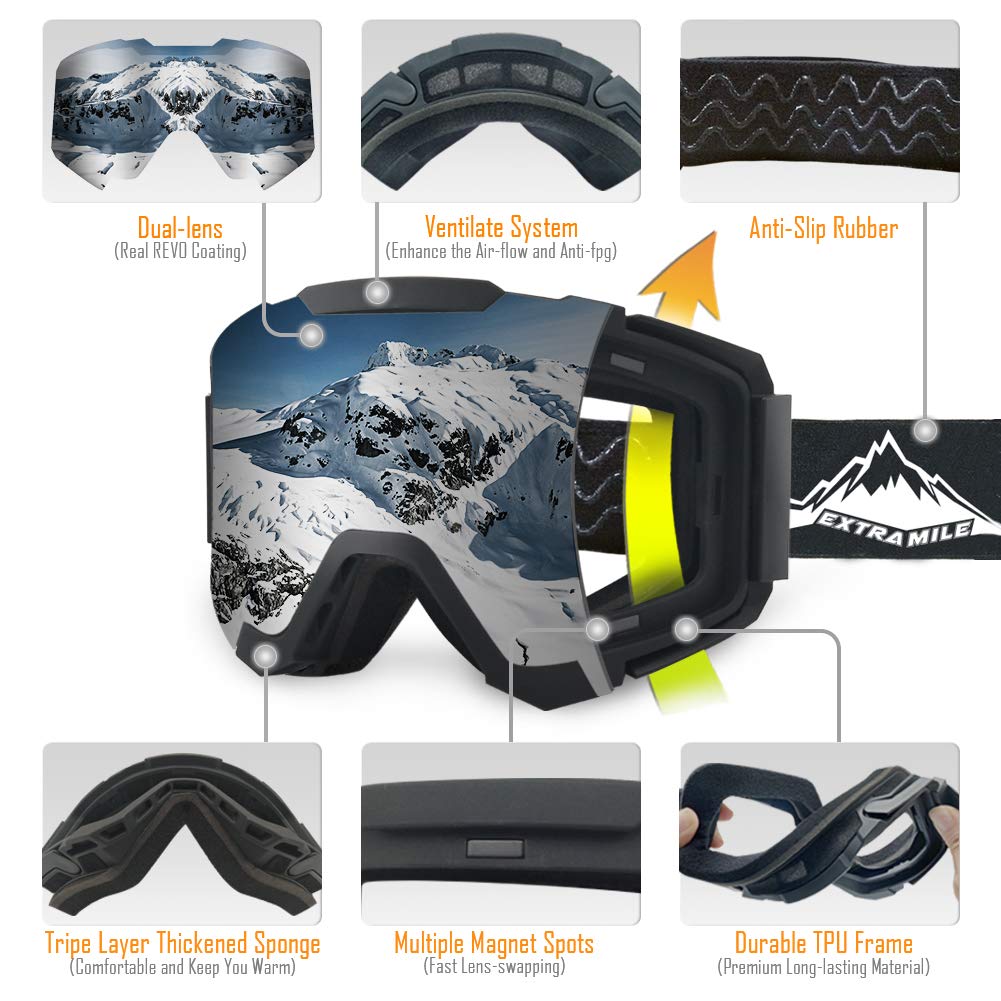 Extra Mile Ski Goggles, Multiple Reflection Spliced Lens Anti-fog and UV400 Protection Snowboard Snowmobile Goggles (Silver-cx)