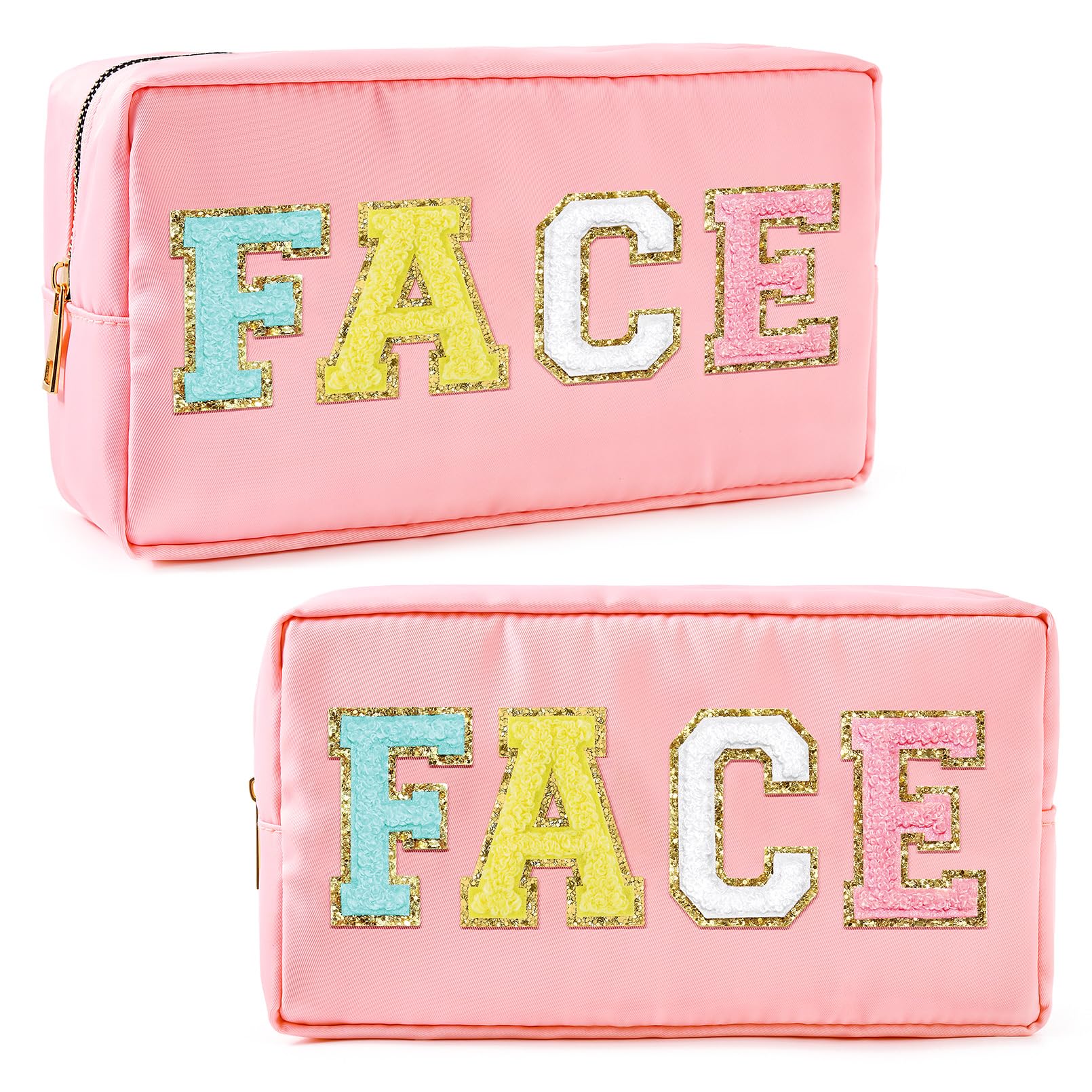 Nylon Preppy Makeup Bag Stuff Cosmetic Bag Pink Makeup Pouch with Chenille Varsity Letter Patch Travel Toiletry Bag Organizer Cute Makeup Brushes Storage Bag for Women