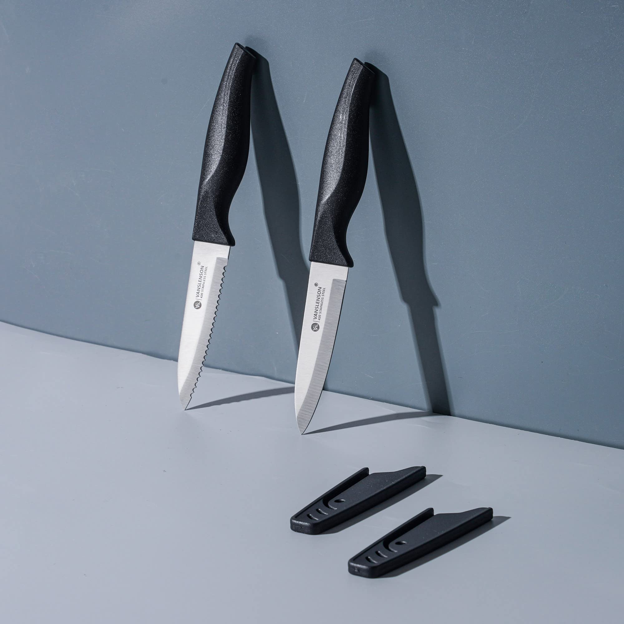 VSL VANSLENSON Multipurpose Kitchen Knife set 4 inch Paring Knife with Cover, Steak Knife, 5 inch Utility Knife, 5 inch Serrated Blade Knife Black Handle (Set of 4 mixed combo)