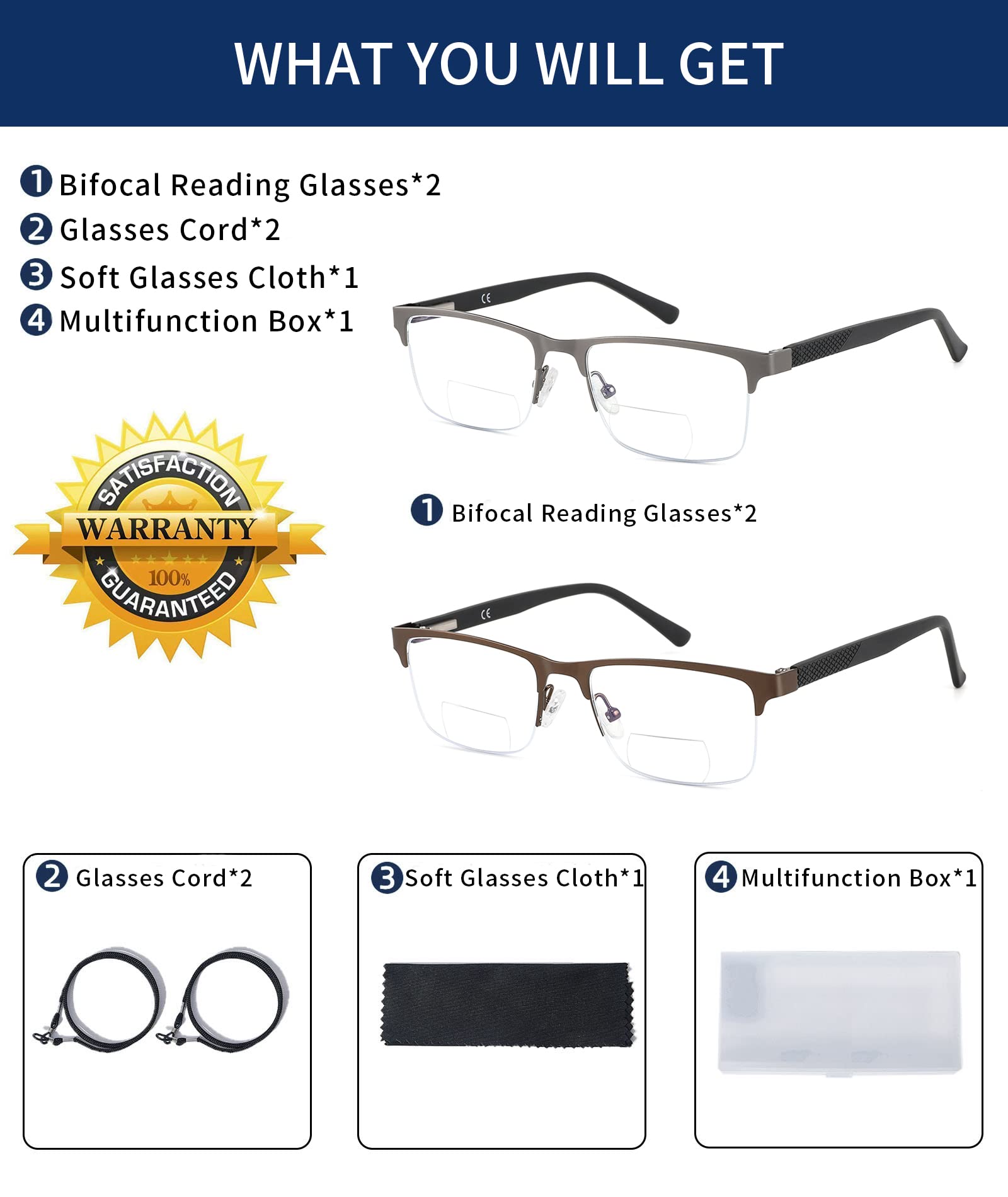 Kafirlo Bifocal Reading Glasses Men Progressive Blue Light Blocking Computer Reader No Line Half Frame Metal Wide Eyeglasses Designer Cheaters Transition Square Stylish Fashion Eyewear +2.00
