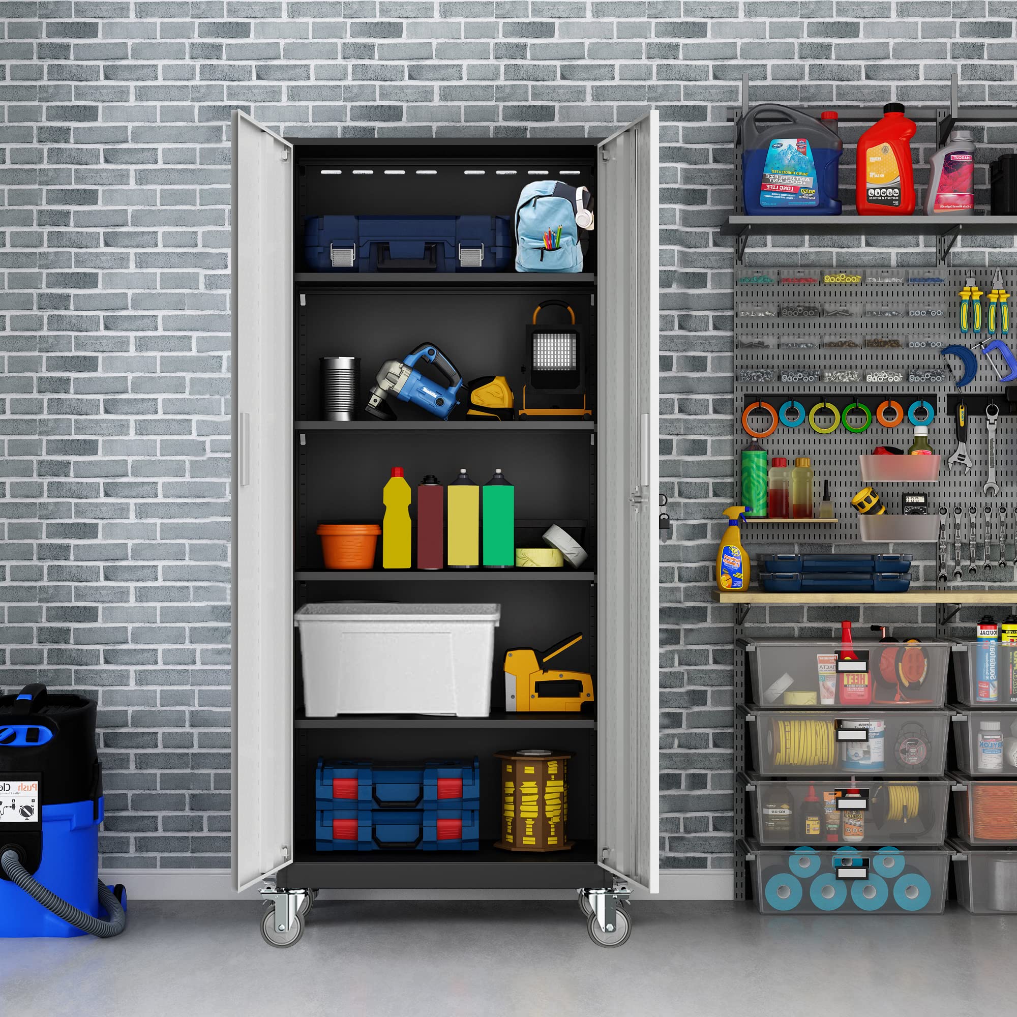 Tall Metal Garage Storage Cabinet, 72" Tool Storage Cabinet Utility Locker with Wheels, Adjustable Shelves & Locking Doors- Pantry Cabinets for Kitchen, Bathroom, Laundry Room, Basement Organization