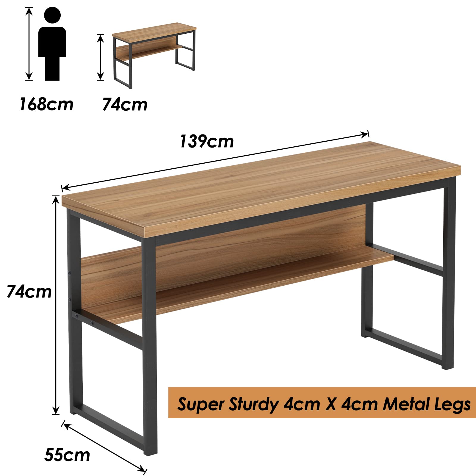 DlandHome 55 inch Computer Desk with Storage Shelf Underneath, Office Trestle Desk Desk, Writing Table Workstation Table with Bookshelf for Home Office, LD-JB01OK