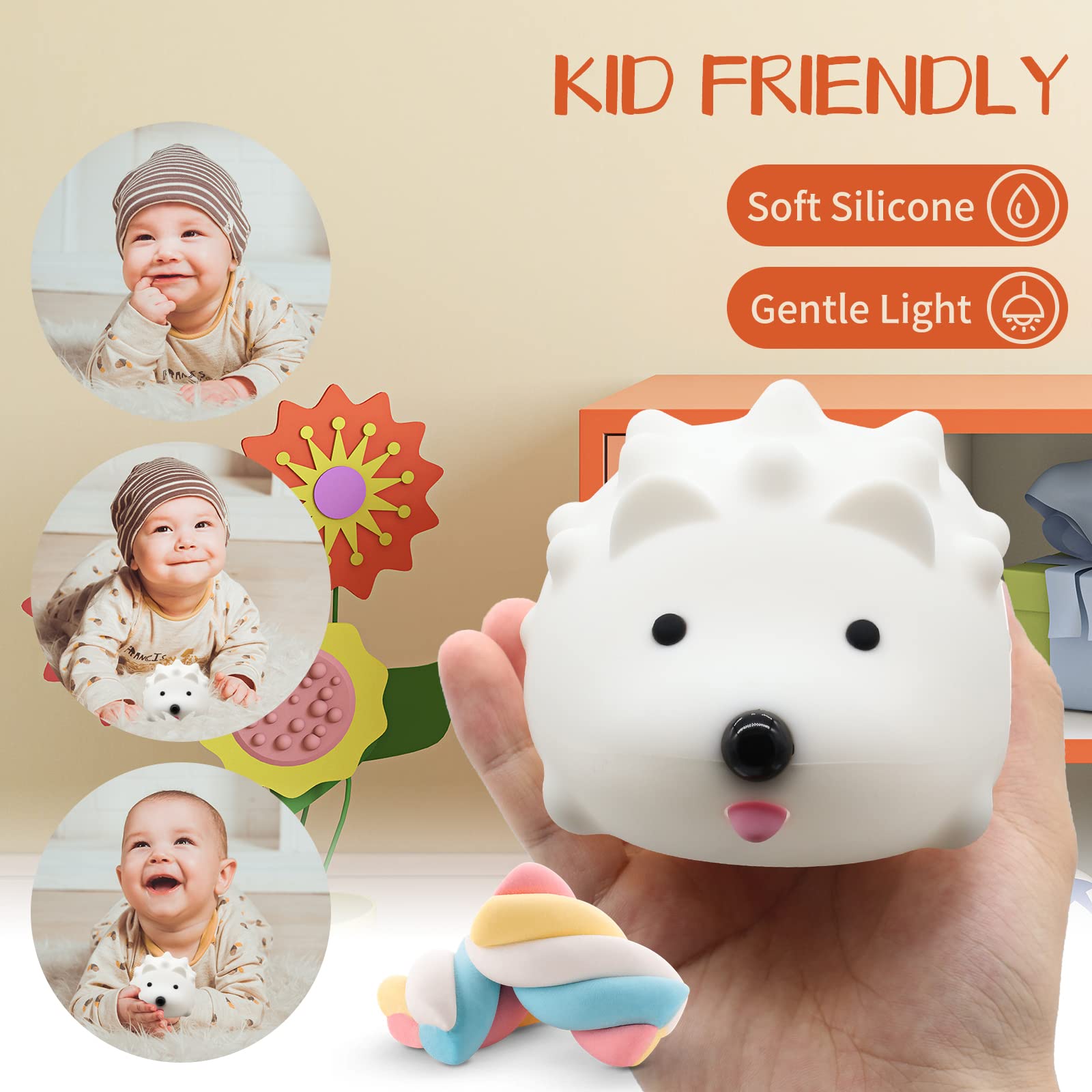 JSKNB Hedgehog Night Light, Cute Night Light for Kids, Rechargeable Touch Silicone Dimmable Nursery Night Light with 7 Colors Changing, Portable Bedside Table Lamp with Timer