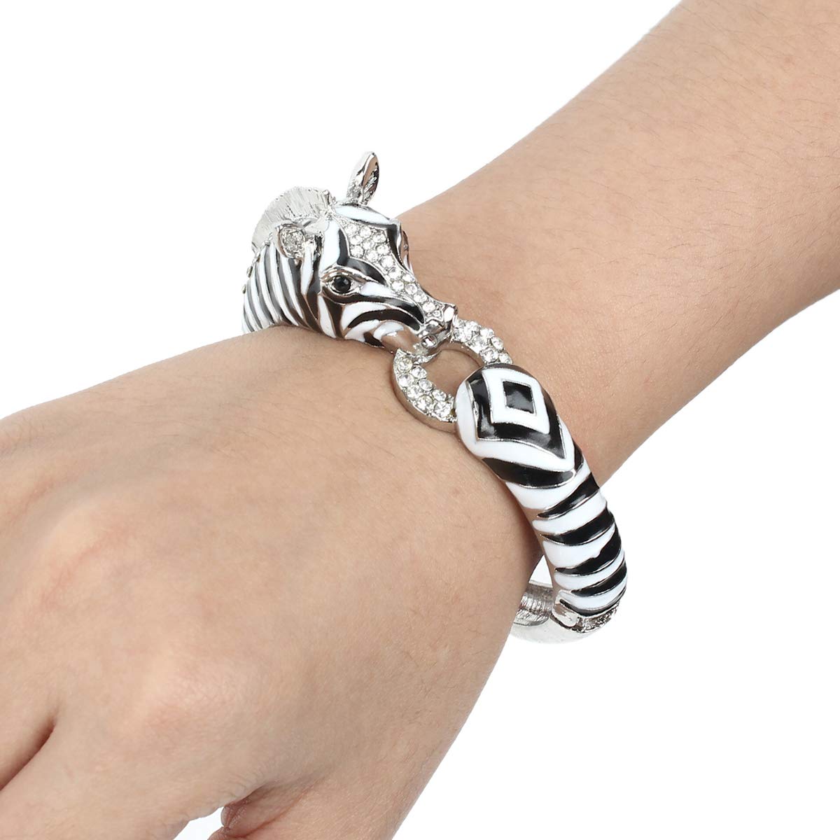 EVER FAITH Austrian Crystal Black Enamel Art Deco Zebra Horse Animal Hinged Bangle Bracelet Silver-Tone