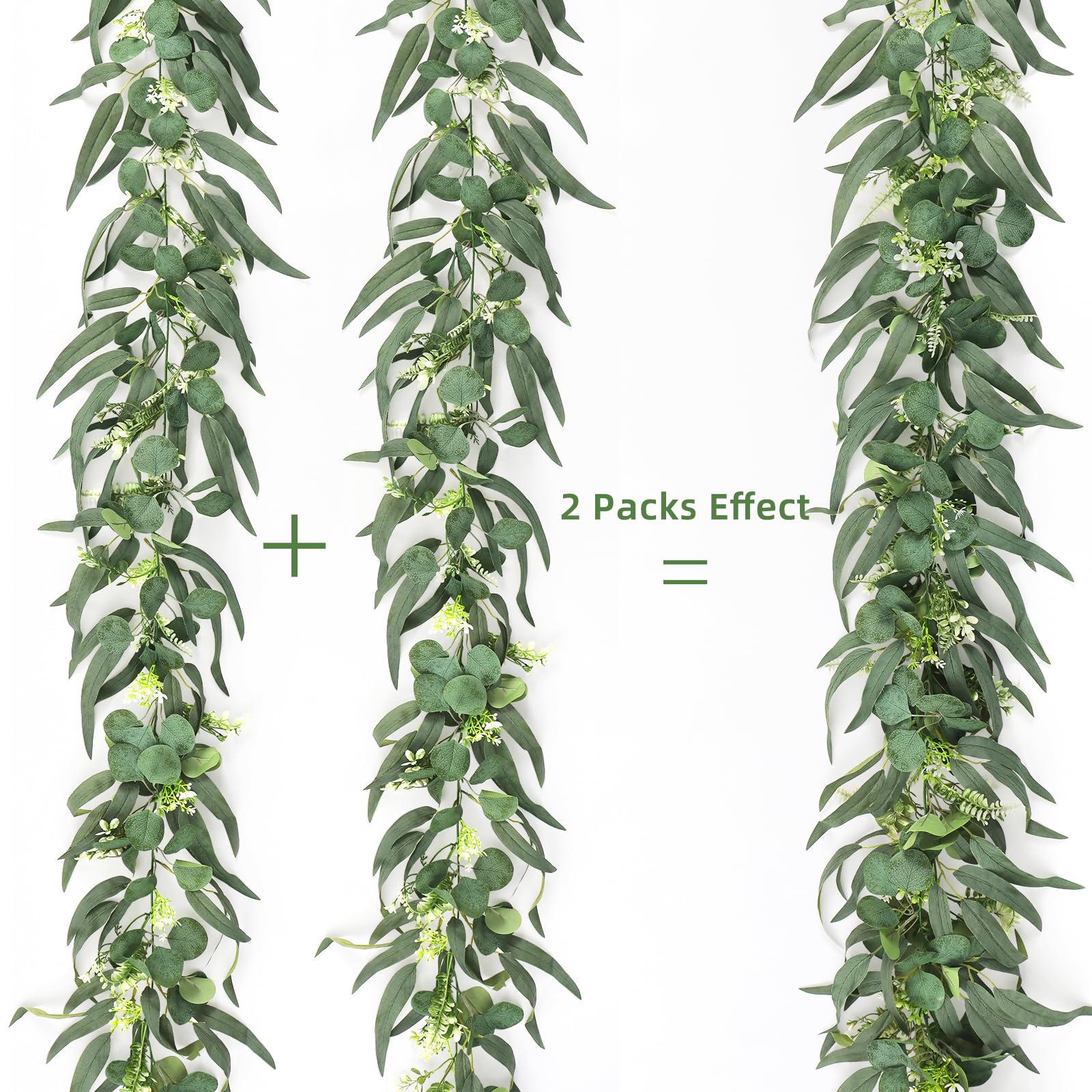 Dremisland Eucalyptus Garland with Long Willow Leaves 2 Packs 5.9Ft Silver Dollar Boston Fern Greenery Garland White Flowers Eucalyptus Vines for Wedding Party Mantle Table Runner Home Decor (4PCS)