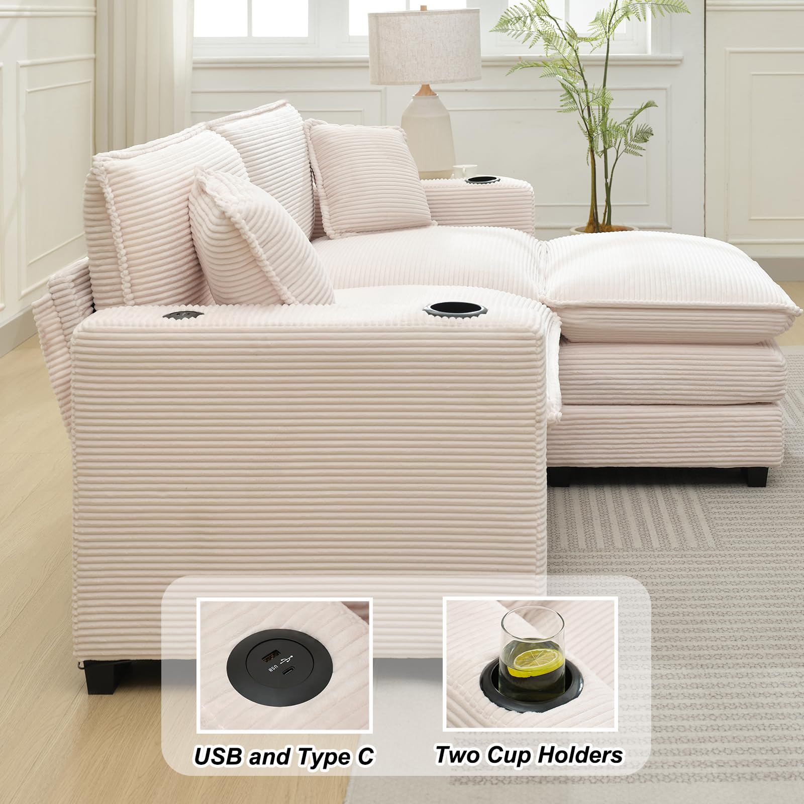 Neylory 82.7" Convertible Sectional Sofa, Cloud Couch L Shape Sofa Sleeper Loveseat with Ottoman & Cup Holder & USB Ports, Green Couch Corduroy Comfy Couches for Small Living Room, Apartment