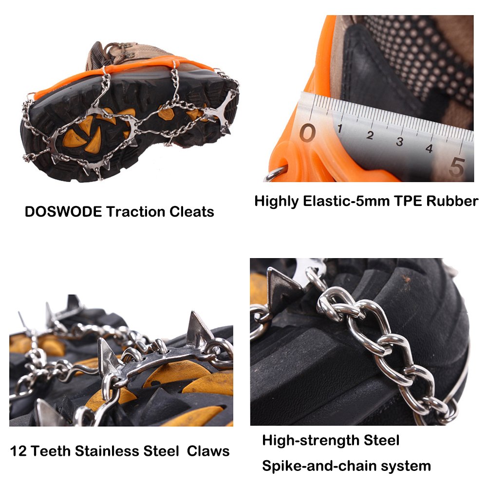 DOSWODE Traction Cleats Crampons Ice and Snow Boot Spikes Anti-slip Hiking Climbing with 12 Teeth Stainless Steel(M)