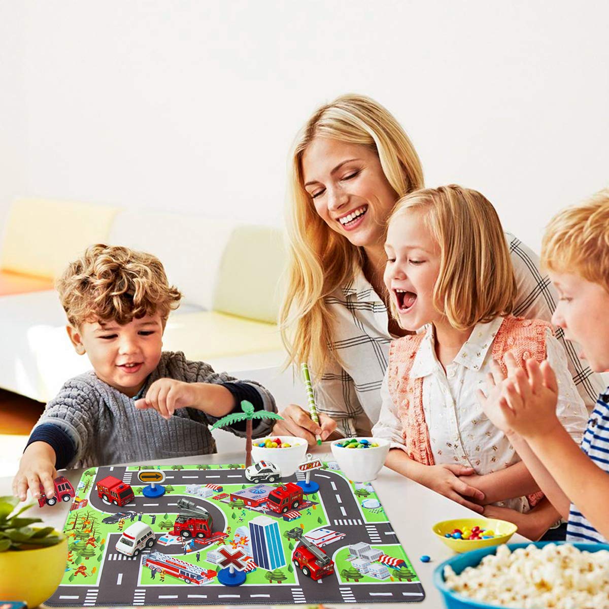 Fire Truck Toys with Play Mat, 6 Fire Engines, 3 Road Signs, 14" x 18" Fire Rescue Playmat, Mini Pull Back Car Toys for 2 3 4 5 Year Old Boy Toddlers