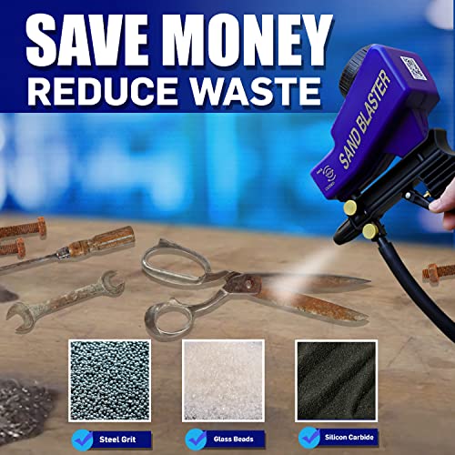 LE LEMATEC Sand Blaster Gun Kit for Air Compressor, Paint/Rust Remover for Metal, Wood & Glass Etching, Up to 150 PSI Continuous Blasting Media for Aluminum, Sand & Soda Blaster Jobs, Blue (AS118-2)
