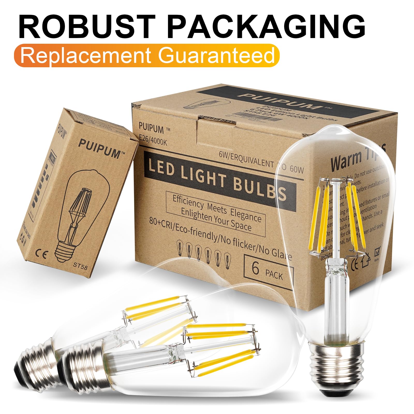 PUIPUM Edison Bulbs 60 Watt Led, Led Edison Bulb, Vintage e26 Edison Bulb, ST58 led Light Bulb,Daylight White 4000k,80CRI,700 Lumen, Edison Bulbs for Home, 6 Pack, Clear,Non-Dimmable