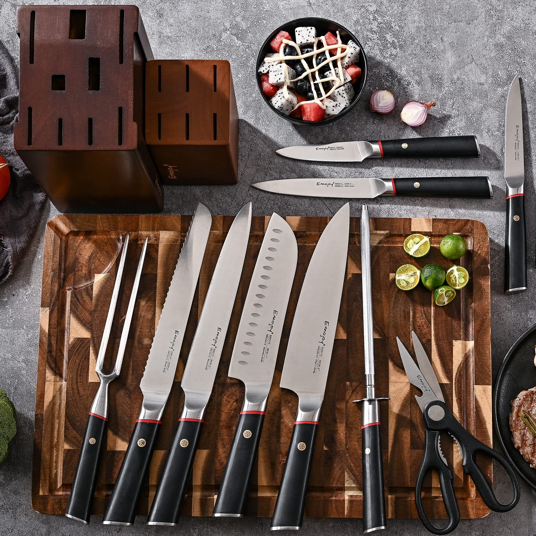 Emojoy Knife Set, 16-Piece Kitchen Knife Set with Block and Serrated Steak Knives, Germany High Carbon Stainless Steel Knife Block Set