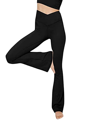 viehunt Womens Crossover Flare Leggings High Waisted Casual Cute Stretchy Full Length Workout Elegant Yoga Pants Black X-Large