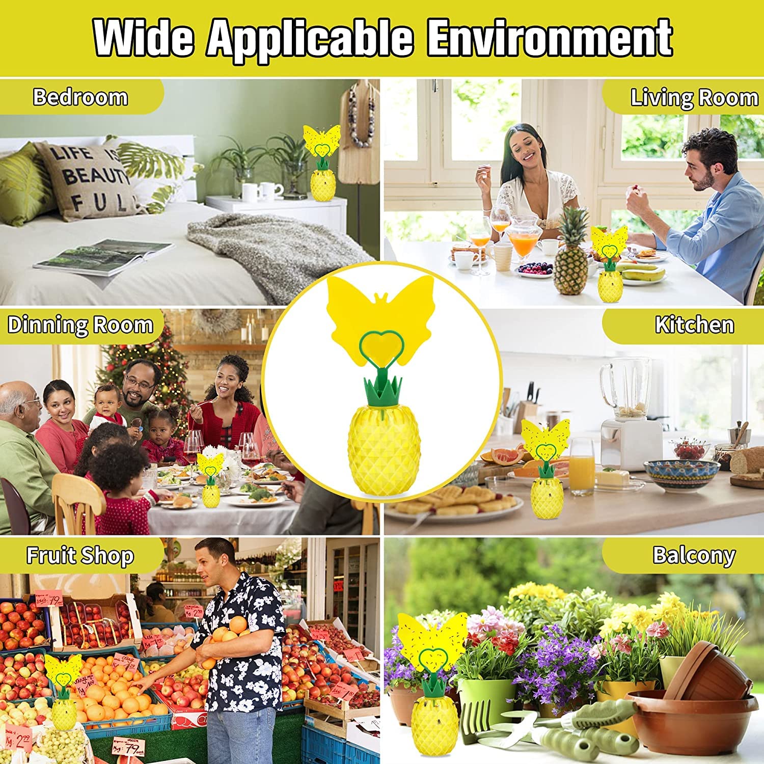 Fruit Fly Trap with Sticker, 2023 Upgrade Effective Fly Catcher Gnat Traps for House Indoor, Safe Non-Toxic Reusable Fruit Fly Gnat Killer with Fruit Fly Attractant for Home, Plant, Kitchen (2 Pack)