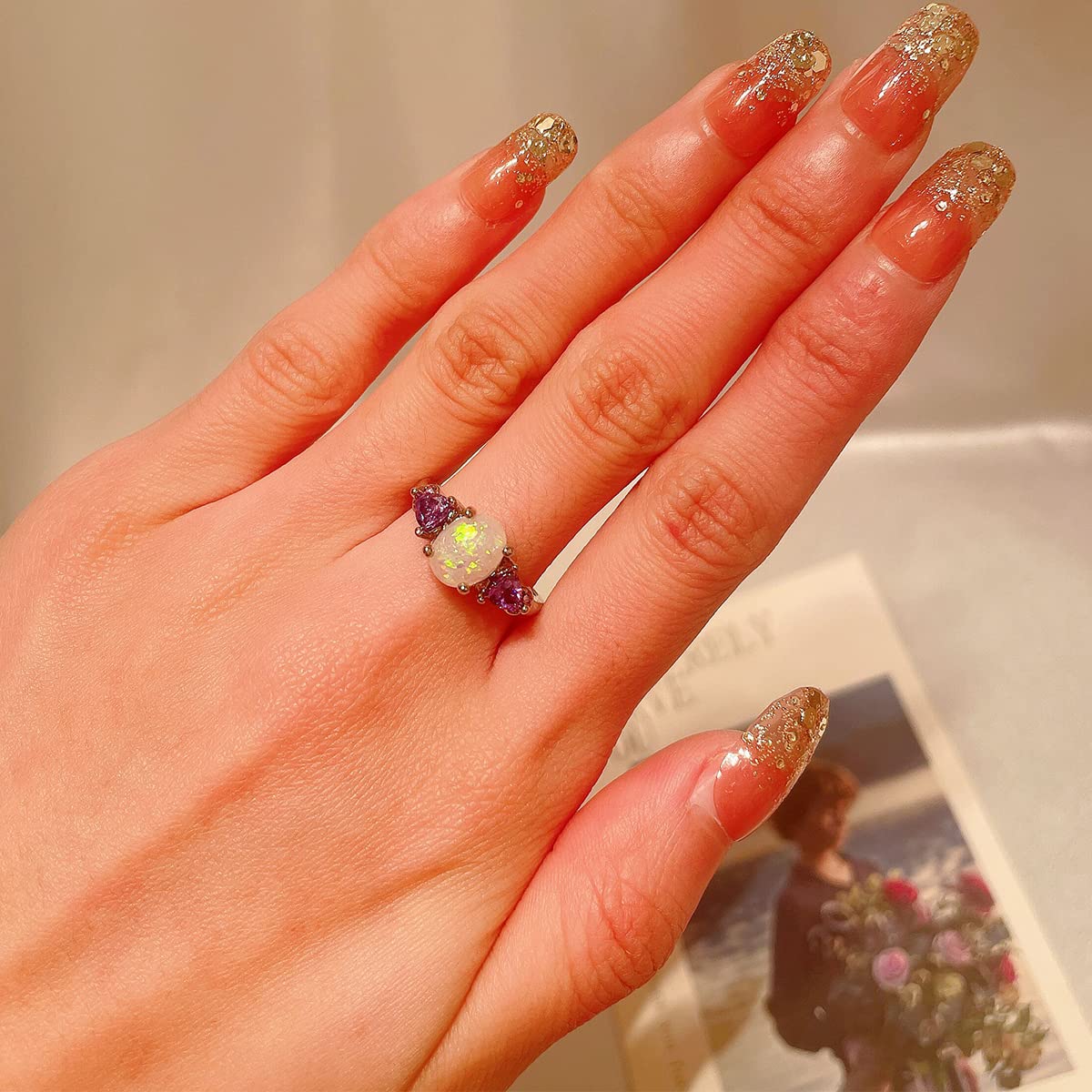 ERLOSYA Women's 925 Sterling Silver White Fire Opal Ring Oval Cut Purple Amethyst Cubic Zirconia Ring Jewelry Birthday Gift Gemstone Anniversary Size 6-9 (#7)