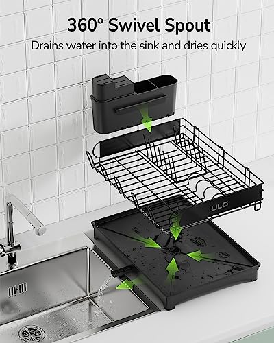 ULG Dish Drying Rack with Drainboard, Countertop Dish Rack, Rustproof Dish Drainer for Kitchen Counter, Draining Rack with Detachable Utensil Holder, Adjustable Swivel Spout Dish Strainers, Black
